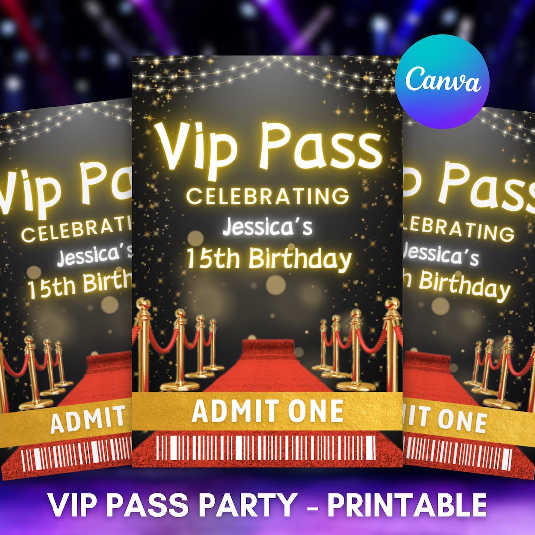 Editable VIP Pass Party Template, Vip Pass Party Invitation Canva Template, Vip Red Carpet ...