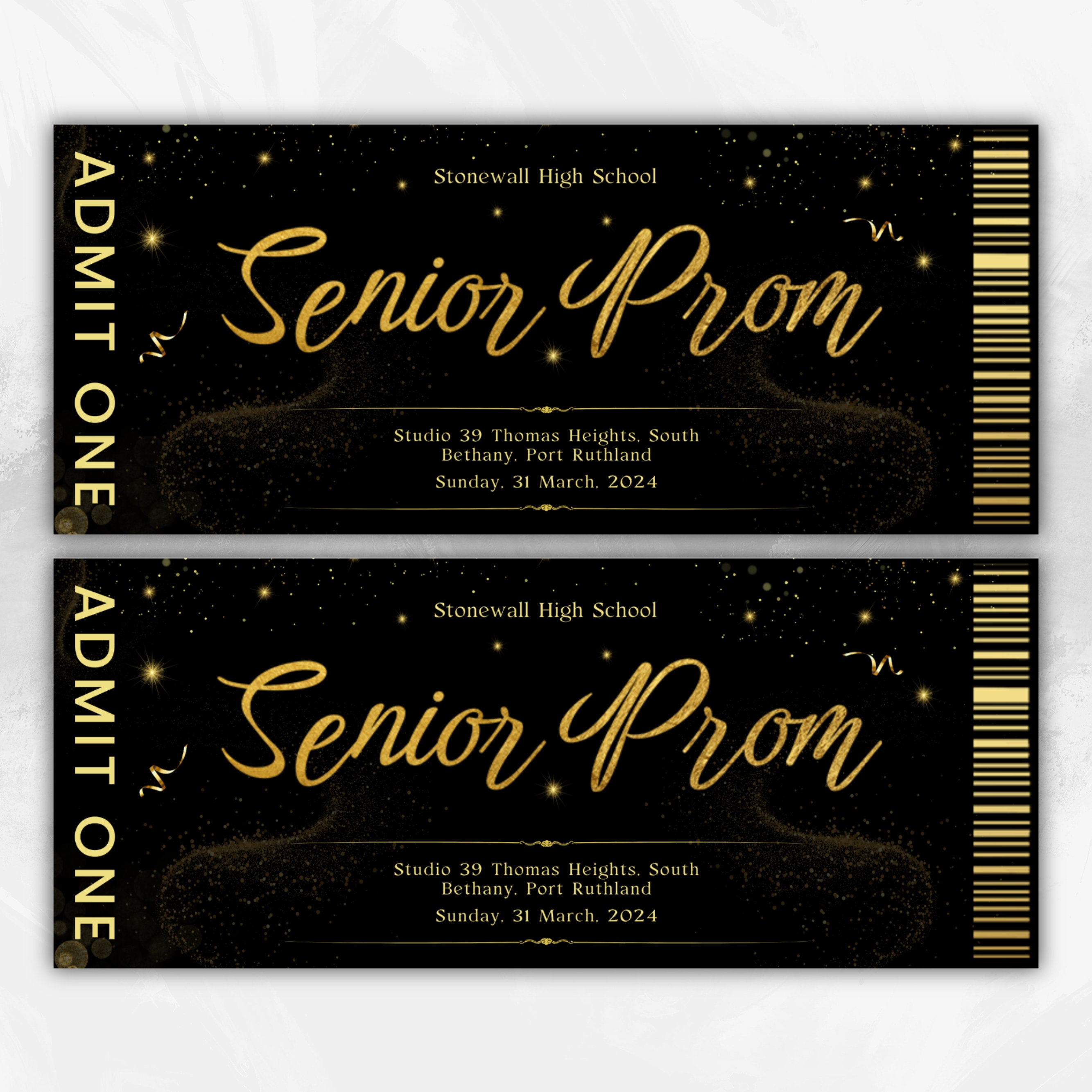Prom Ticket Template, Prom Senior Gold & Black Theme Ticket, Ticket ...
