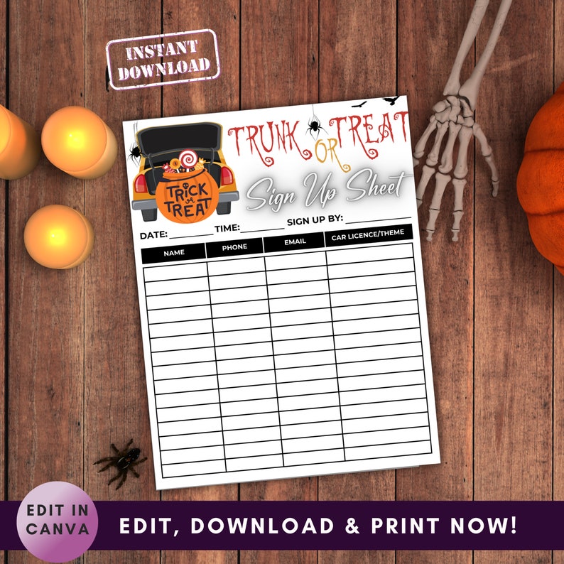 Trunk or Treat Sign up Sheet Template, Kids Halloween Party, Halloween ...
