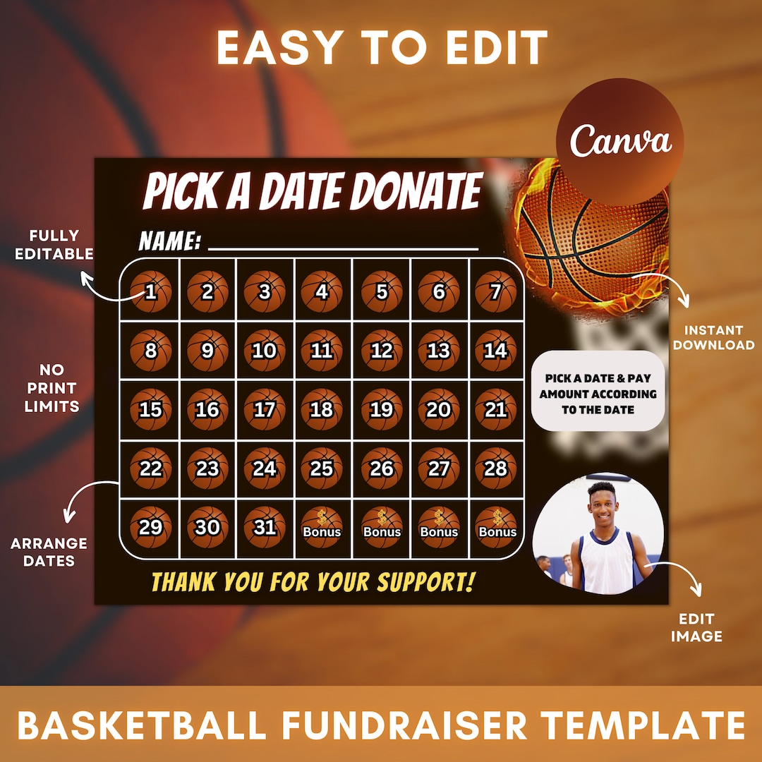 Basketball Pick a Date to Donate, Instant Download, Pay the Date ...