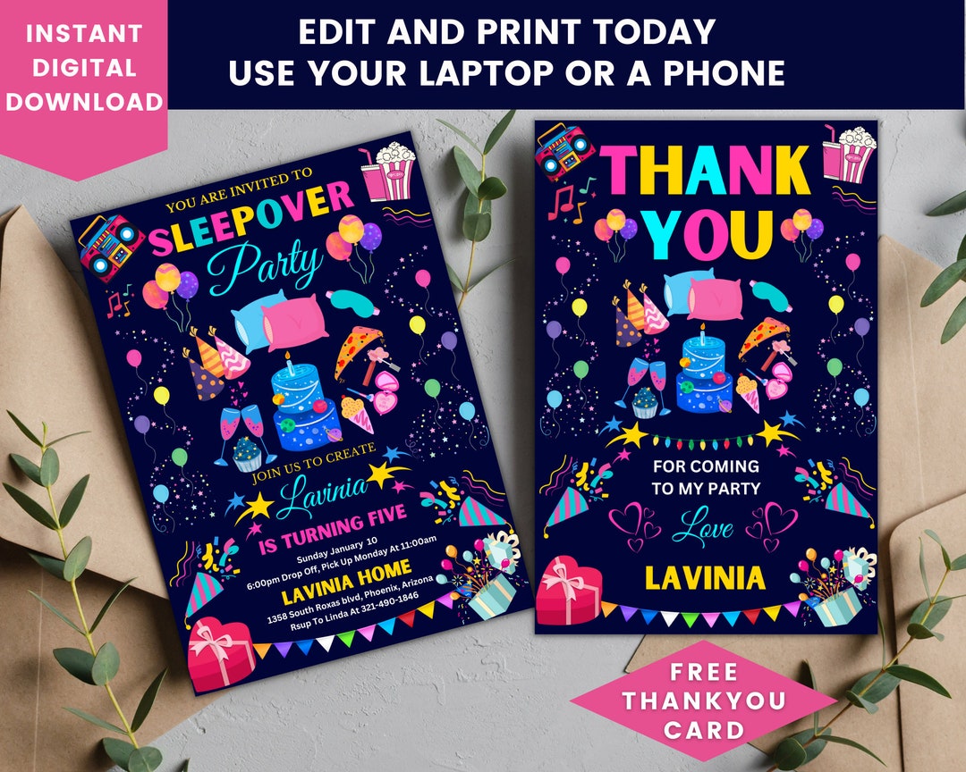 Editable Sleepover Invitation Template, Sleepover Birthday Invitation ...
