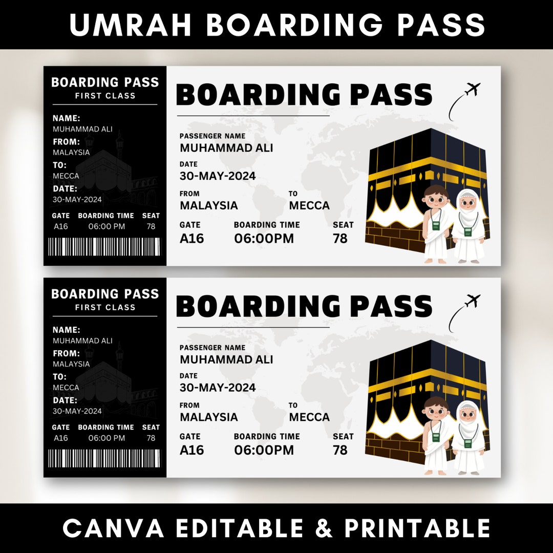 Hajj Boarding Pass, Editable Umrah Mubarak Boarding Pass, Hajj Plane ...