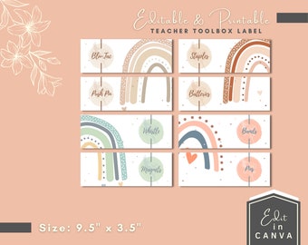 Boho Rainbow Teacher Toolbox Labels EDITABLE - Etsy