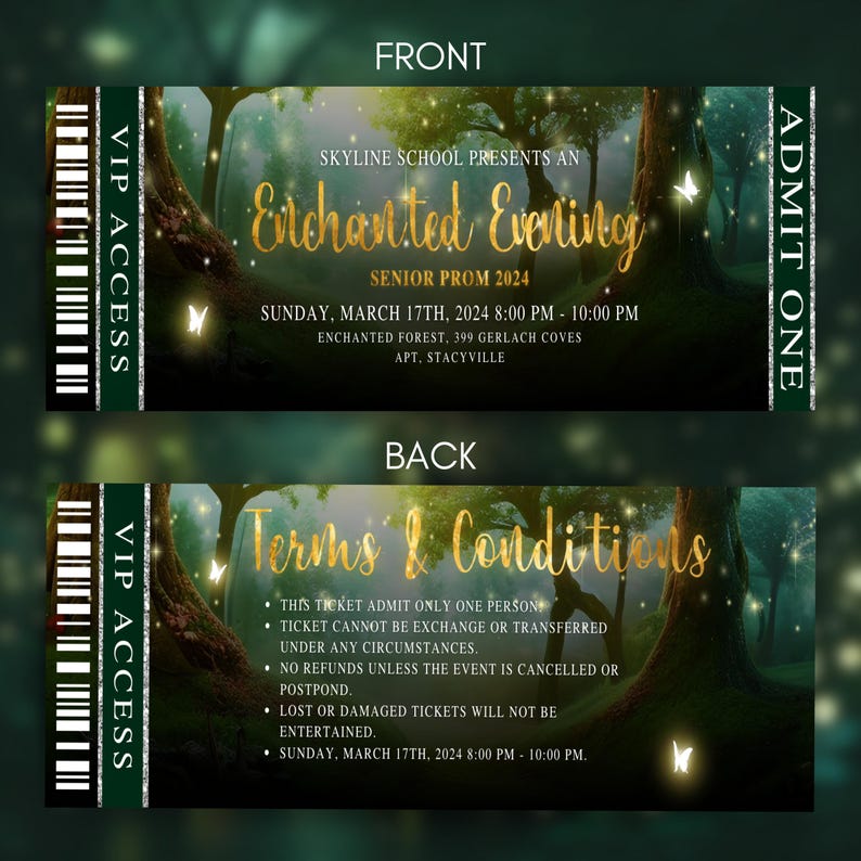 Prom Ticket Template, Prom Enchanted Forest Ticket Invitation, Editable ...