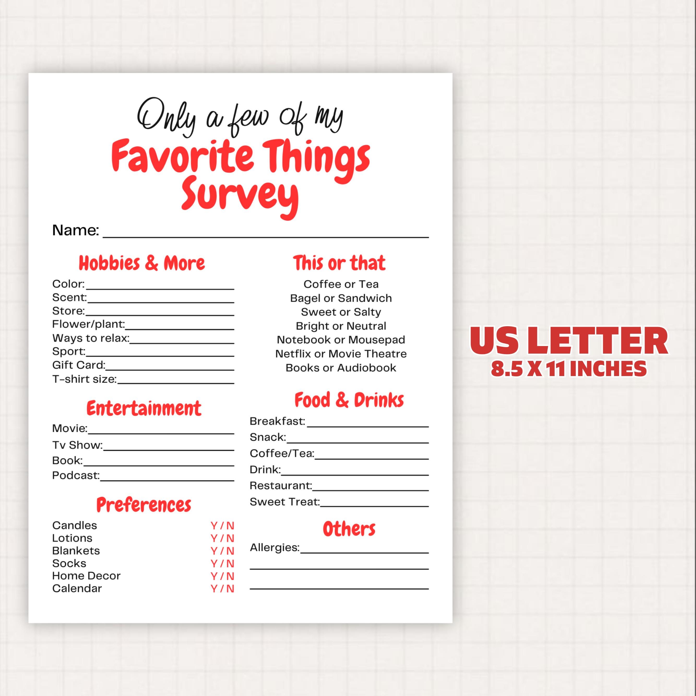 My Favorite Things Survey Questionnaire Printable, Employee Favorite ...