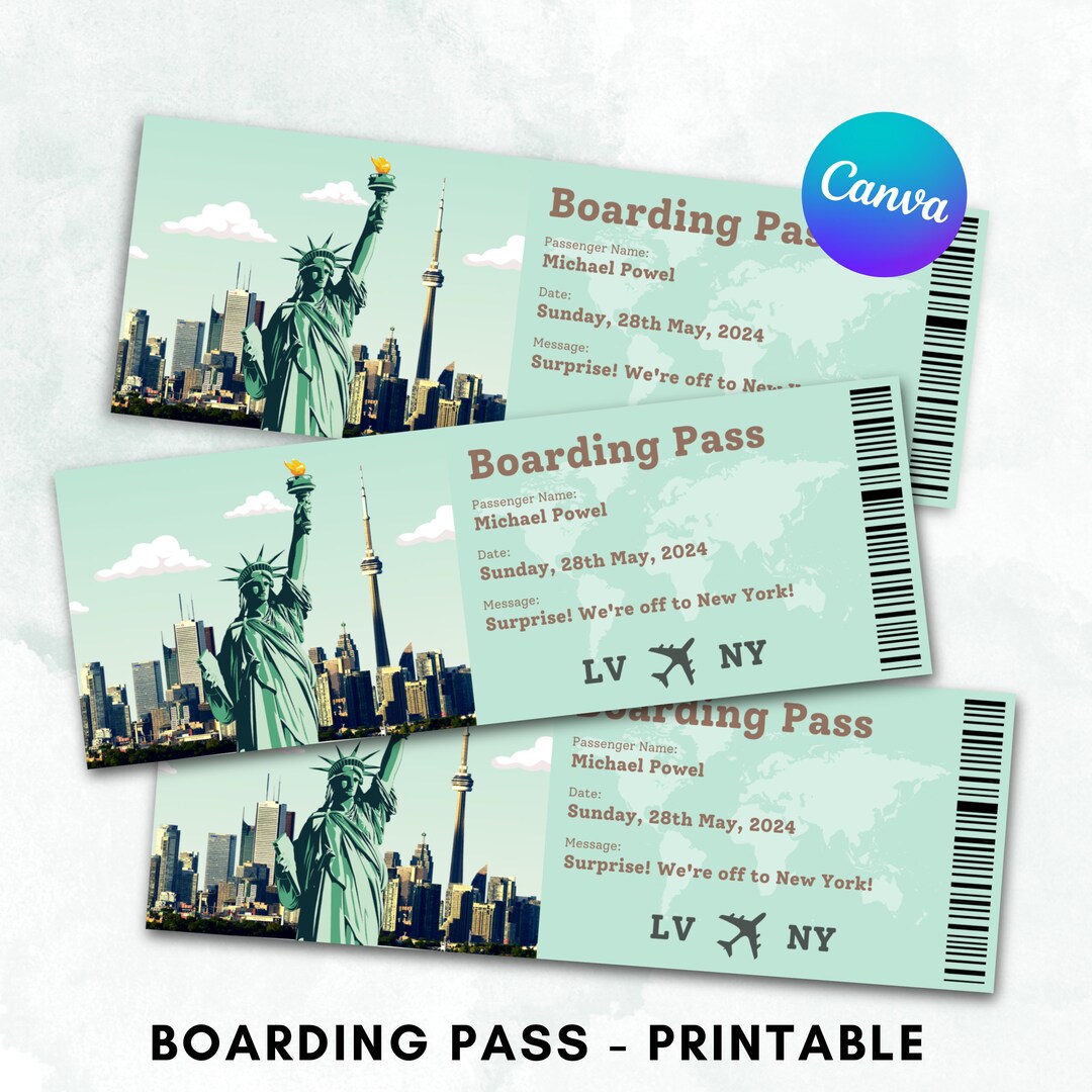 Editable Boarding Pass Template, New York Boarding Pass, Surprise Trip ...