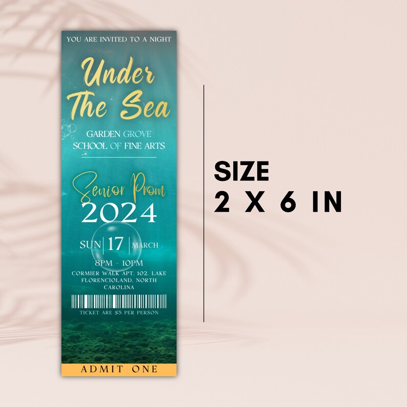 Prom Ticket Template, Prom Under the Sea Ticket, Ticket Template, Prom ...