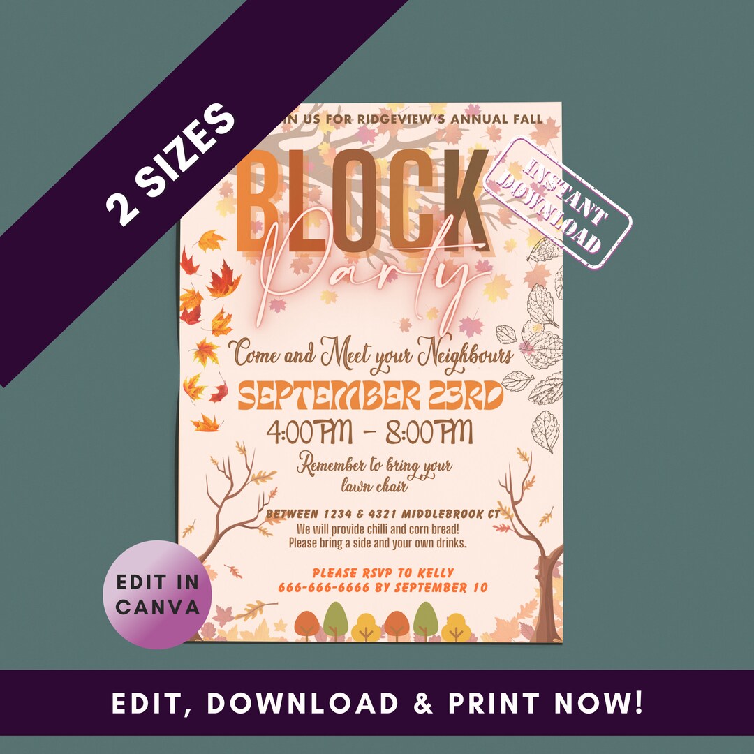 Fall Block Party Flyer Template, Autumn Block Party Event Invite ...