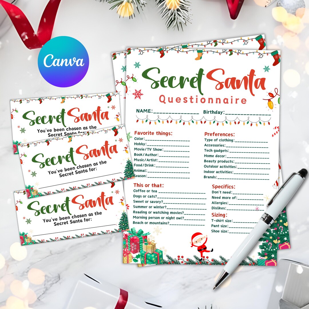 Secret Santa Questionnaire, Secret Santa Questions Printable, Secret ...