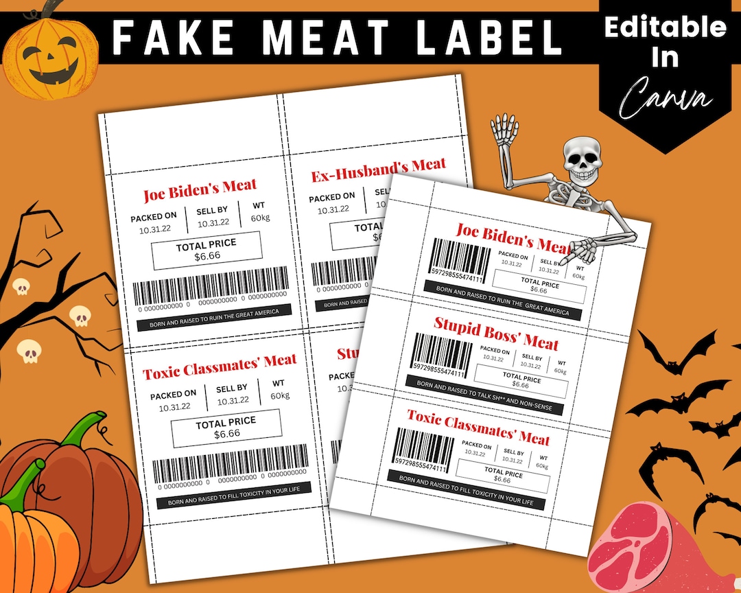 Halloween Meat Stickers, Fake Meat Labels, Raw Meat Rice Treat Labels ...