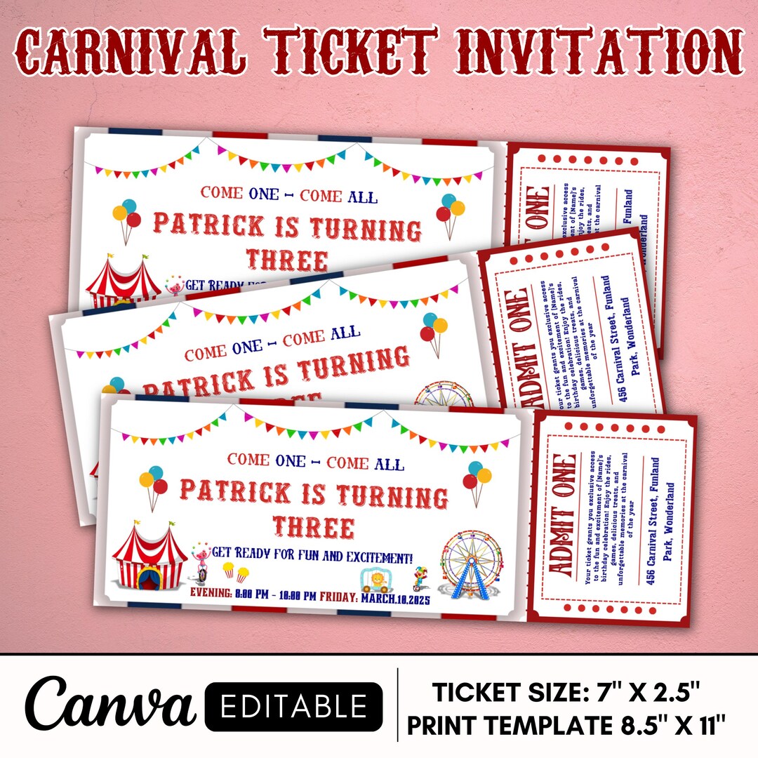 Editable Birthday Ticket Invite, Circus Birthday Invite Ticket Party ...