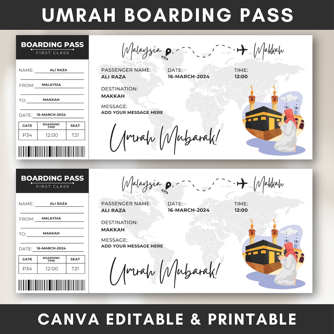Umrah Boarding Pass, Editable Hajj Boarding Pass, Hajj Plane Ticket ...