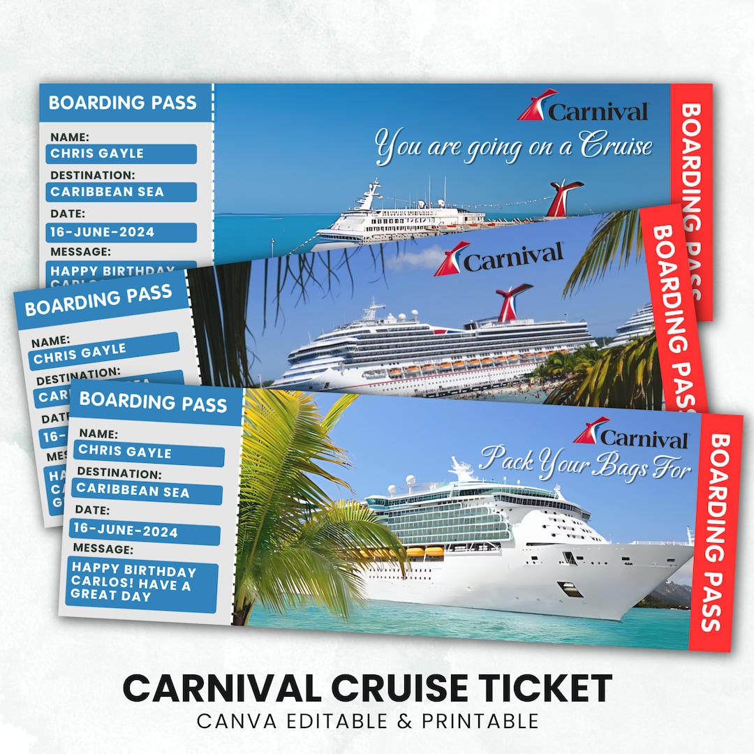 Printable Carnival Cruise Ticket Boarding Pass, Surprise Vacation Trip ...