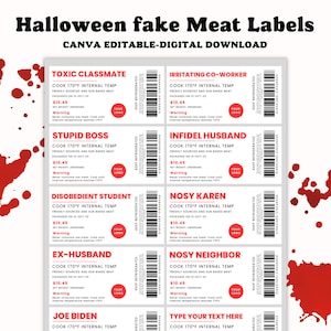 Editable Halloween Meat Labels, Fake Food Labels, Meat Stickers, Zombie ...