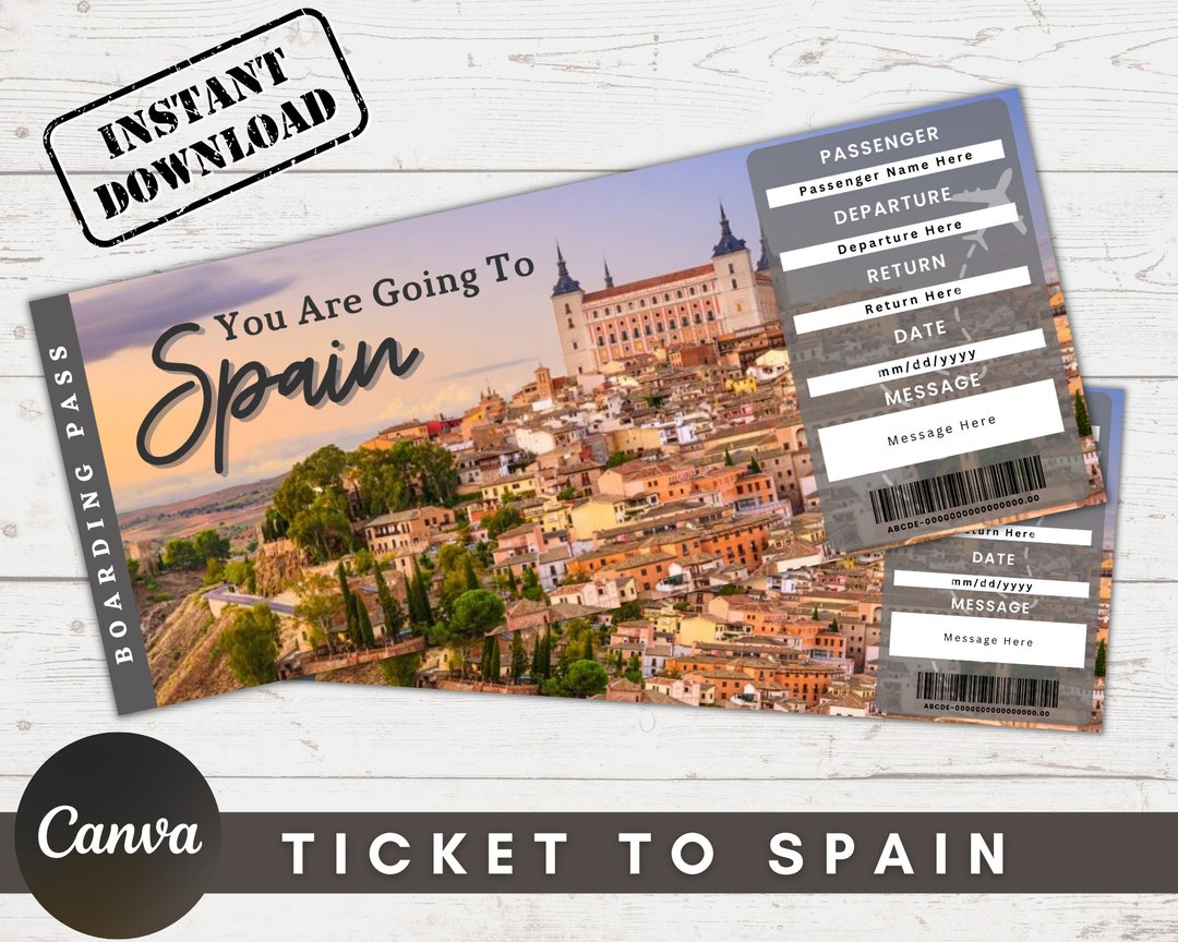 Ticket to Spain, Travel Gifts, Ticket Template, Surprise Gift, Holiday ...