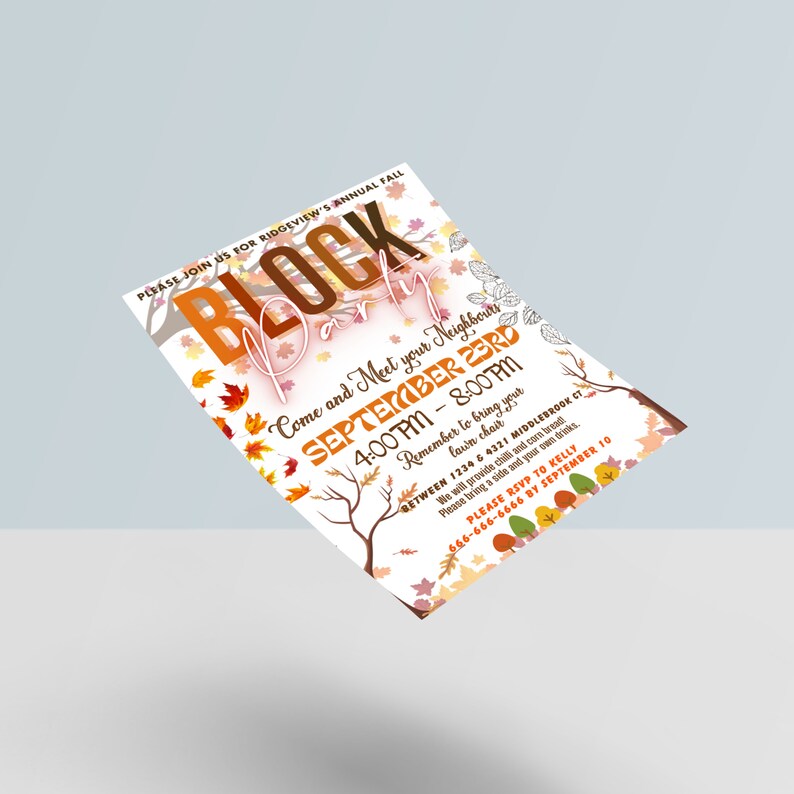Fall Block Party Flyer Template, Autumn Block Party Event Invite ...