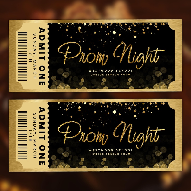 Prom Ticket, Prom School Dance Ticket Template, Black and Gold Prom ...