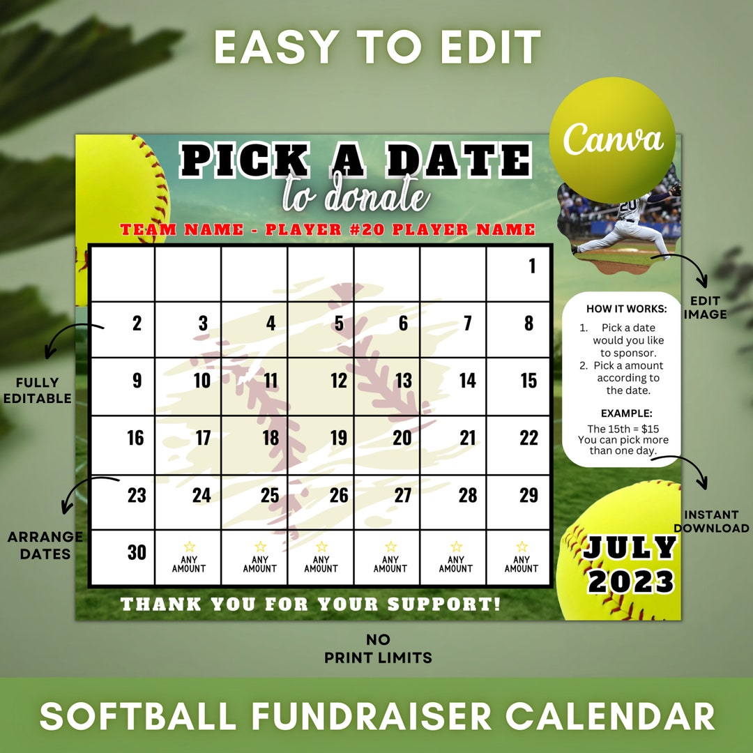 Editable Softball Fundraiser Calendar, Calendar Fundraiser, Fundraiser ...