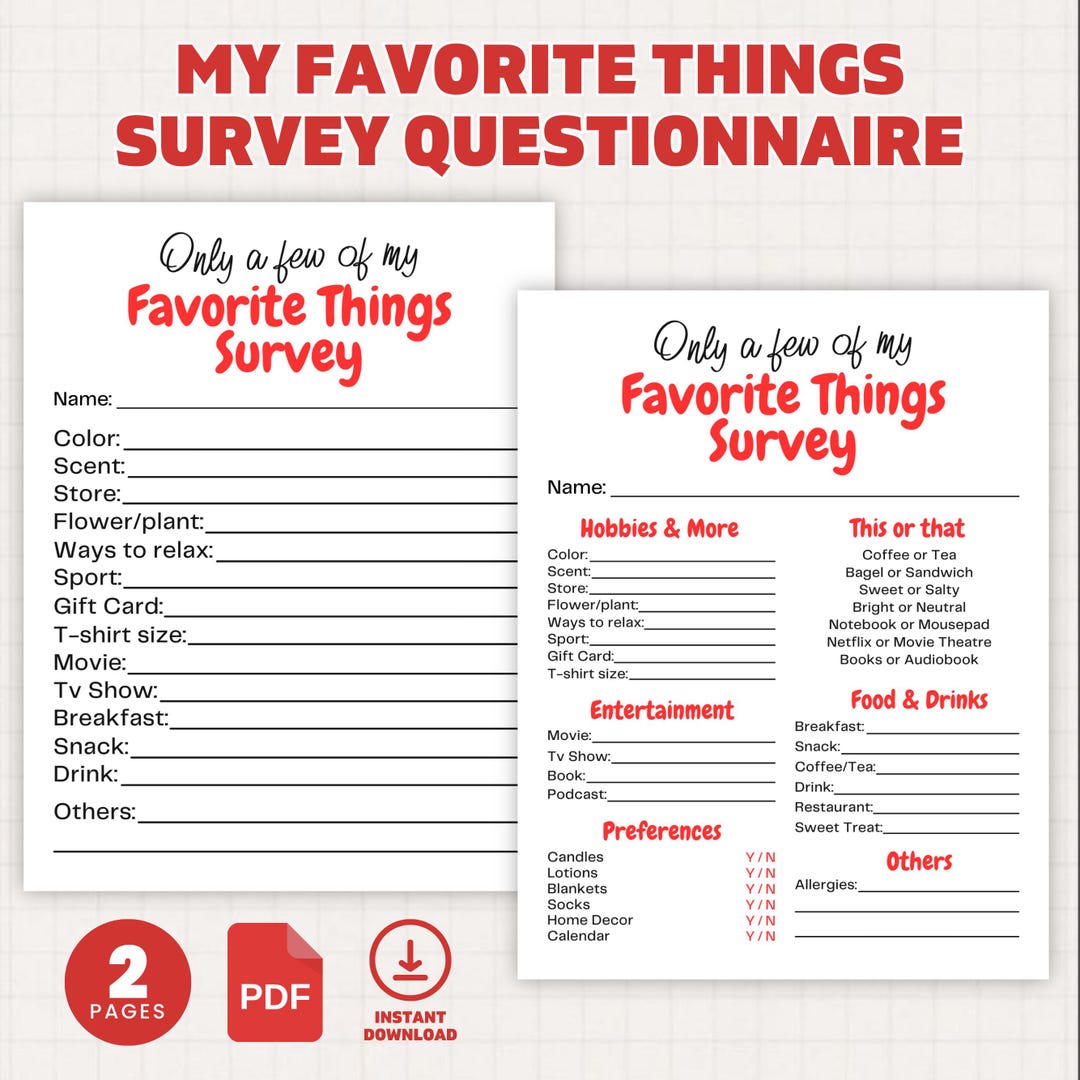 My Favorite Things Survey Questionnaire Printable, Employee Favorite ...