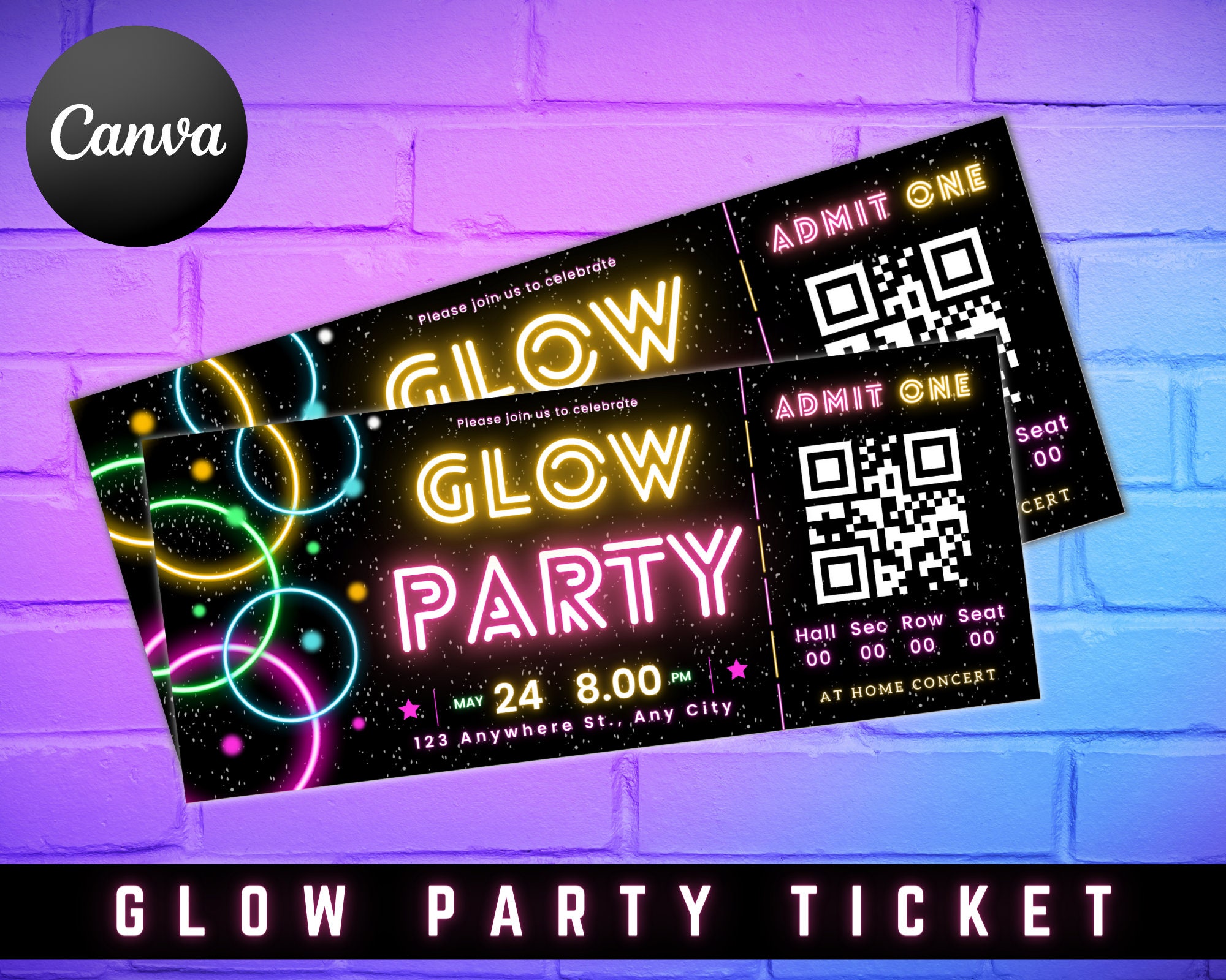 Editable Glow Party Birthday Invitation Ticket Template Glow - Etsy