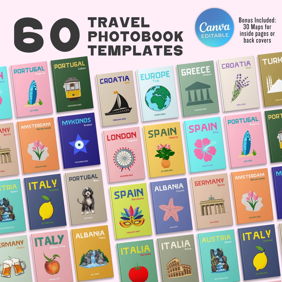 60 Travel Photobook Template Bundle, Travel Photo Book Covers, Editable ...