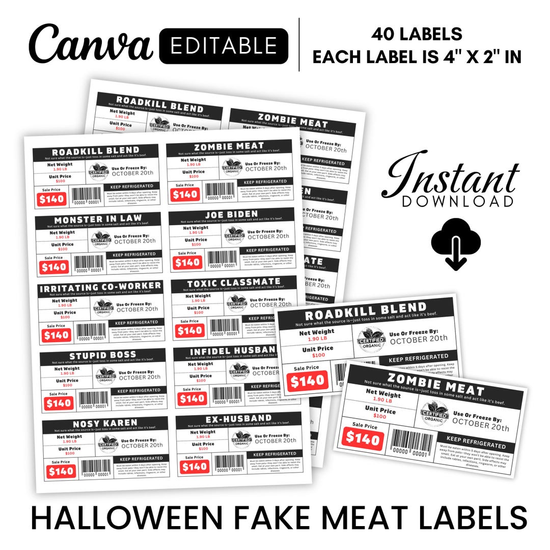 Editable Halloween Meat Labels, Fake Food Labels, Meat Stickers, Zombie ...