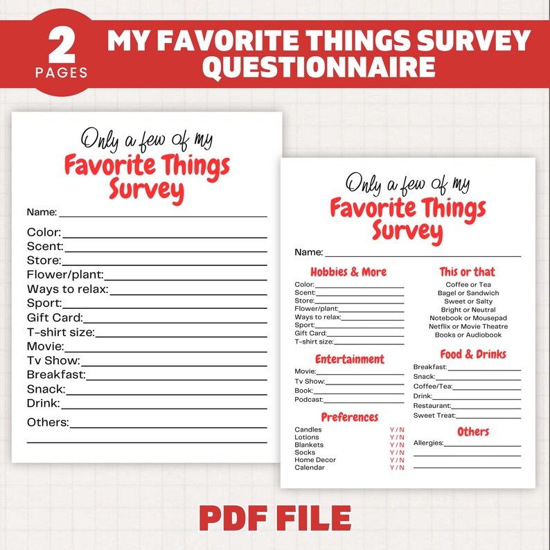 My Favorite Things Survey Questionnaire Printable, Employee Favorite ...