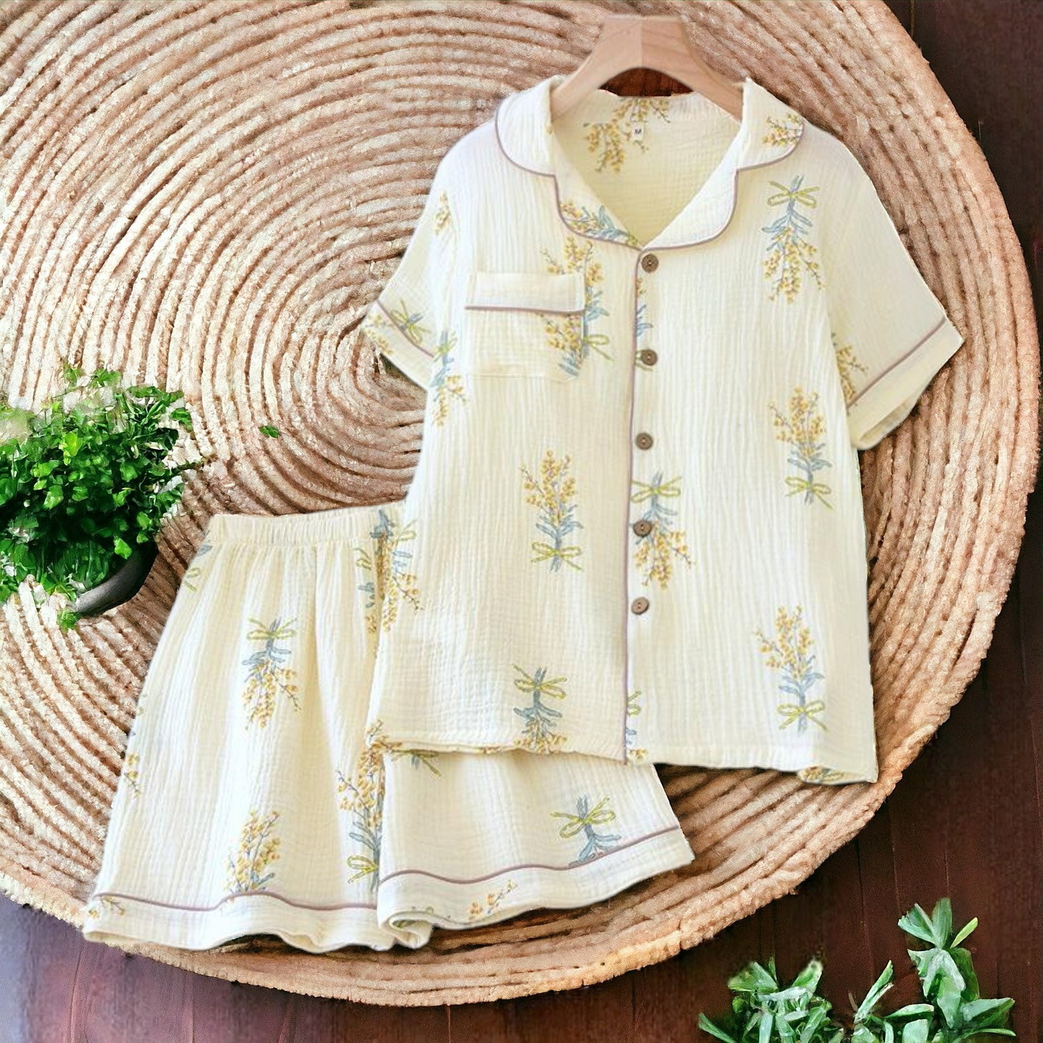 Cute Printed Pajama Set Organic Cotton Gauze Pajama Set Short Sleeve ...