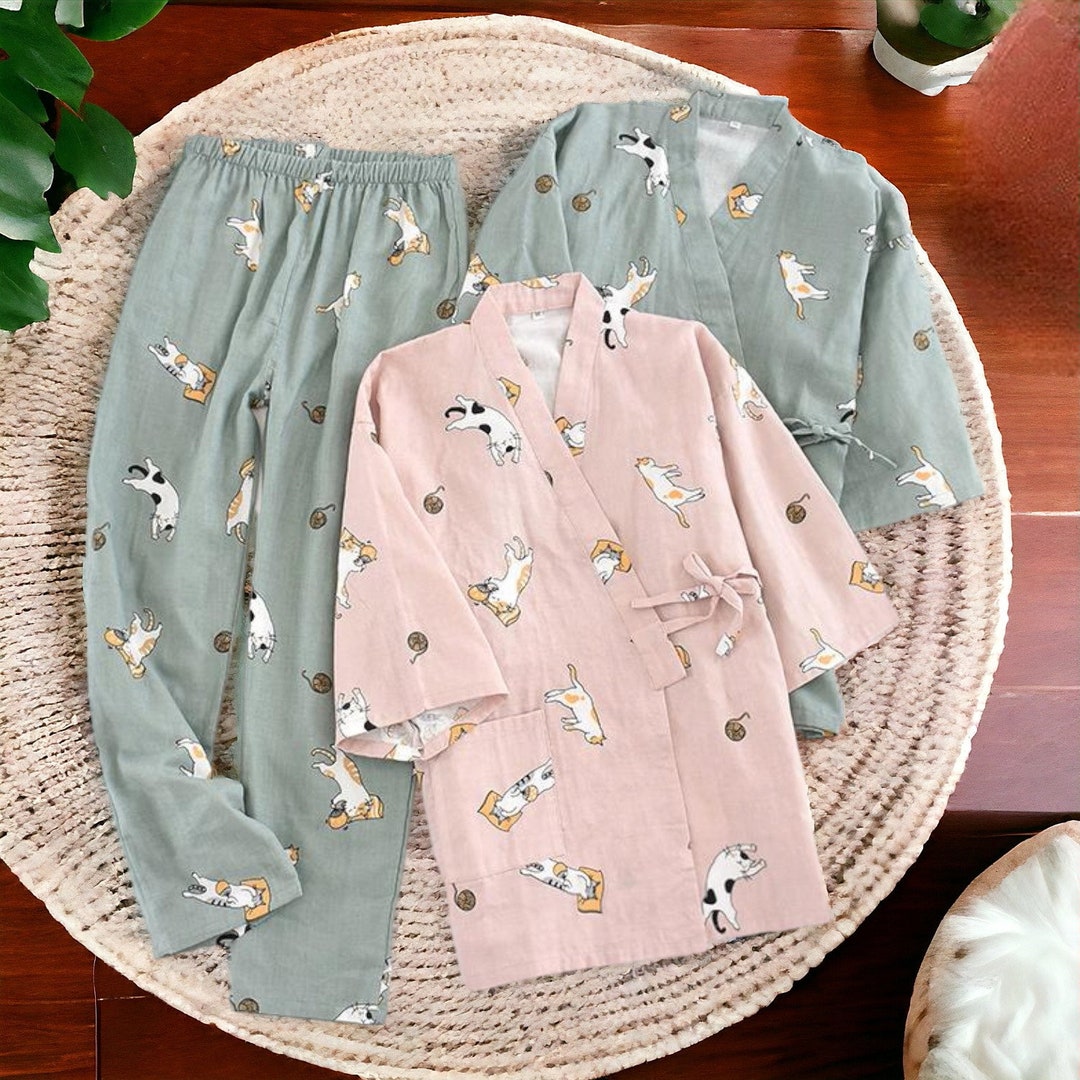 Women/men/couple Kimono Pajama Set Cat Pattern Pure Cotton Pajama Gauze ...
