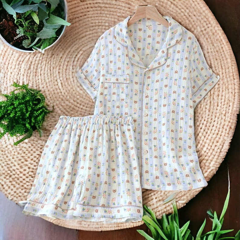 Cute Printed Pajama Set Organic Cotton Gauze Pajama Set Short Sleeve ...