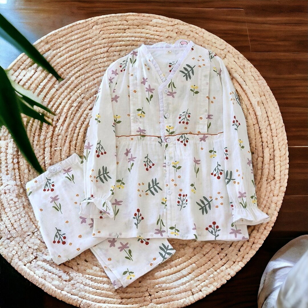Cute Printed Pure Cotton Pajama Set Women Pyjama Set Gauze Sleepwear ...
