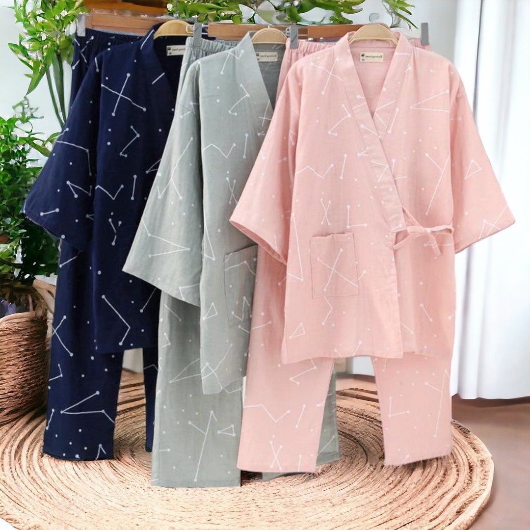 Women Kimono Pajama Set Printed Pure Cotton Pajama for Couple Gauze ...