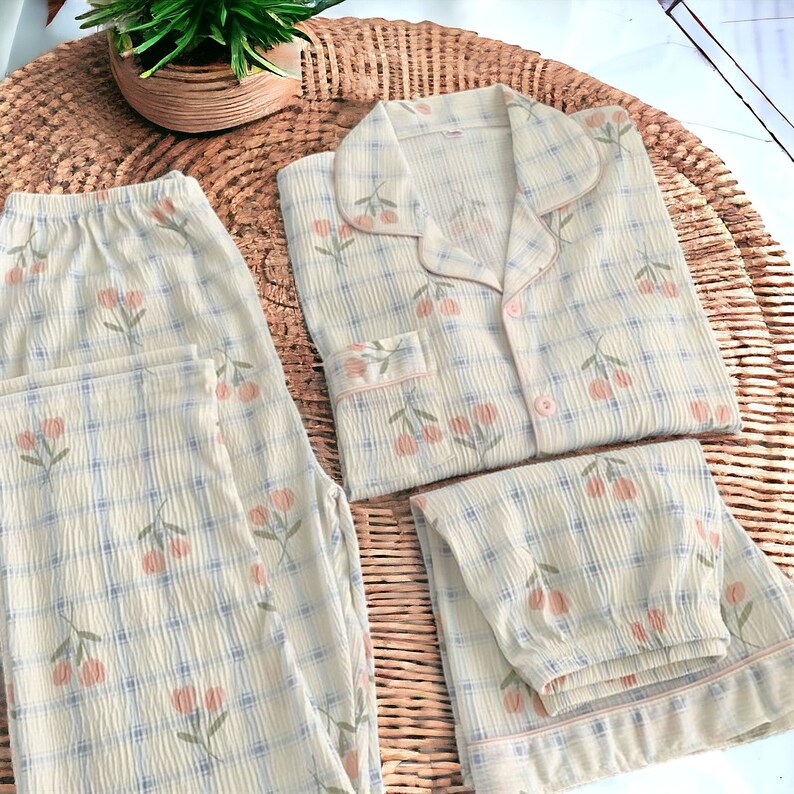 Three-piece Pure Cotton Women Pajama Set Printed Gauze Pajama Set ...