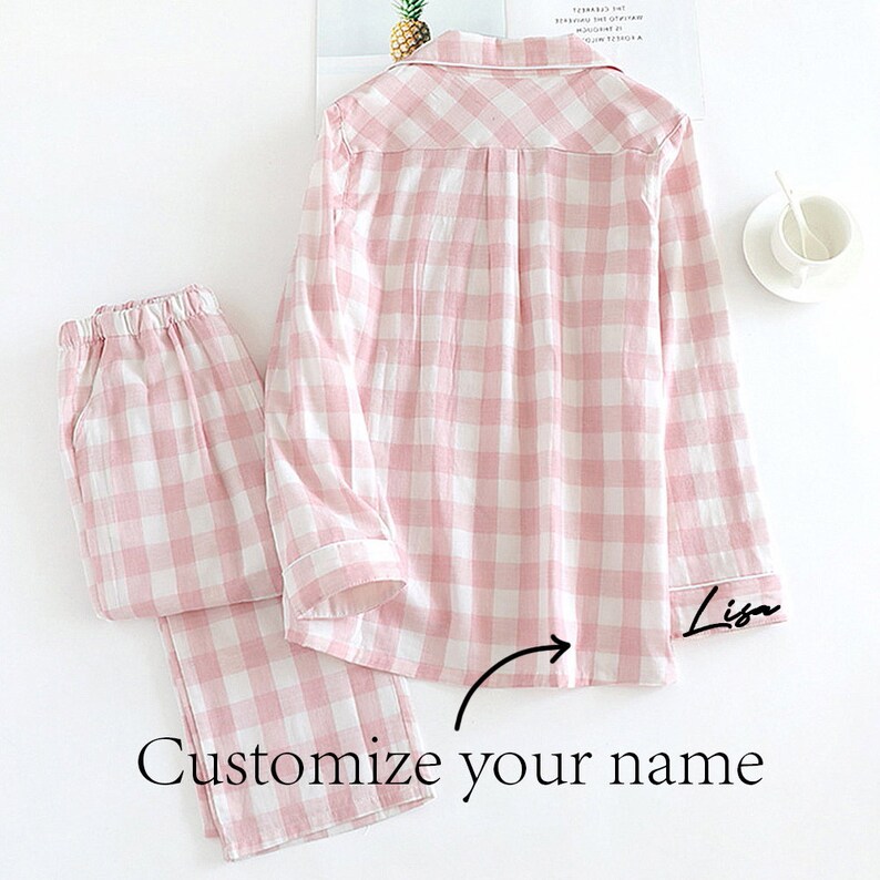Personalized Pink Plaid Cotton Pajama Set Wedding Pajamas Bridesmaid ...