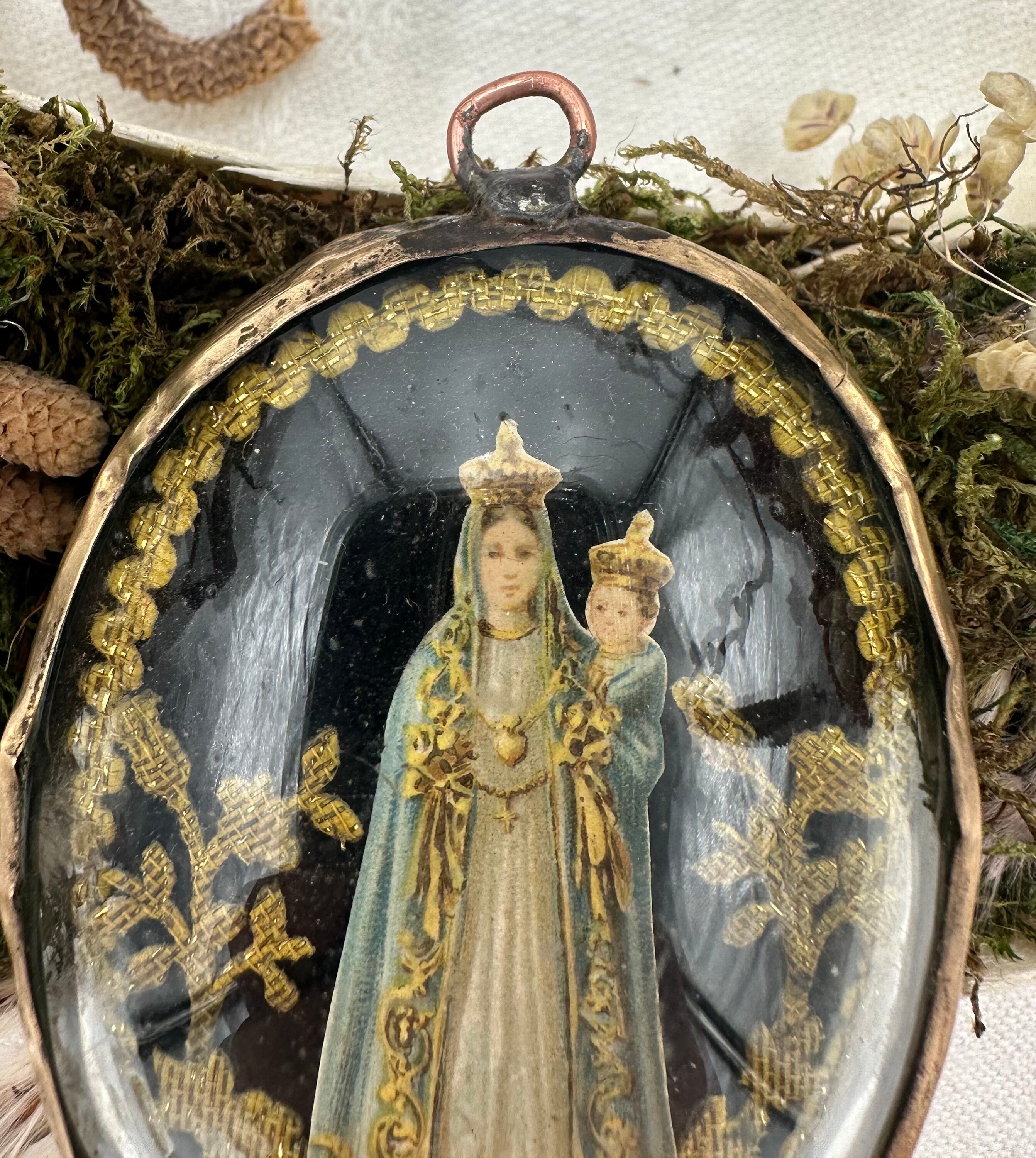 Our Lady of Fourviere Nun Work Wall Frame, French Antique Reliquary of ...