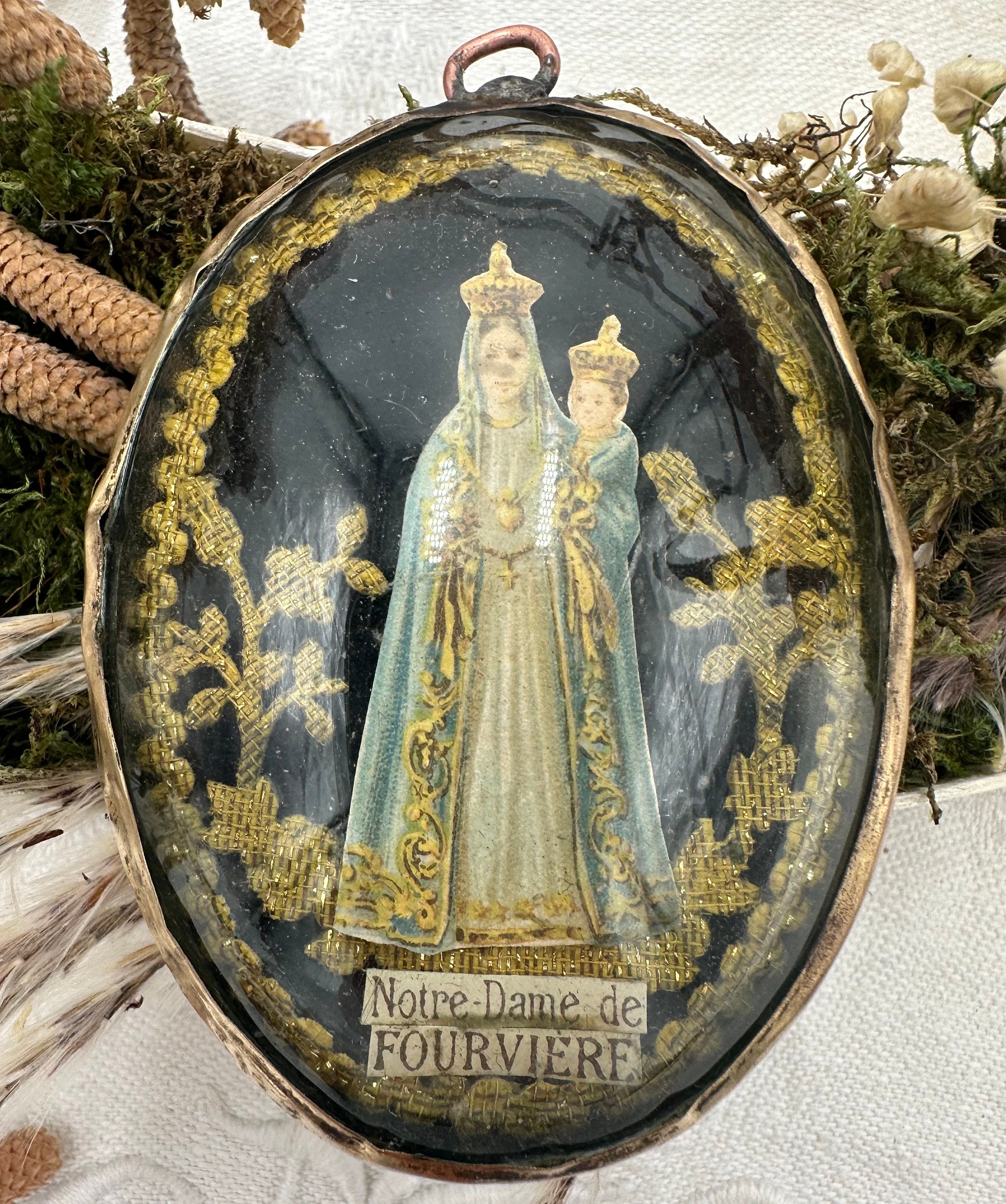 Our Lady of Fourviere Nun Work Wall Frame, French Antique Reliquary of ...
