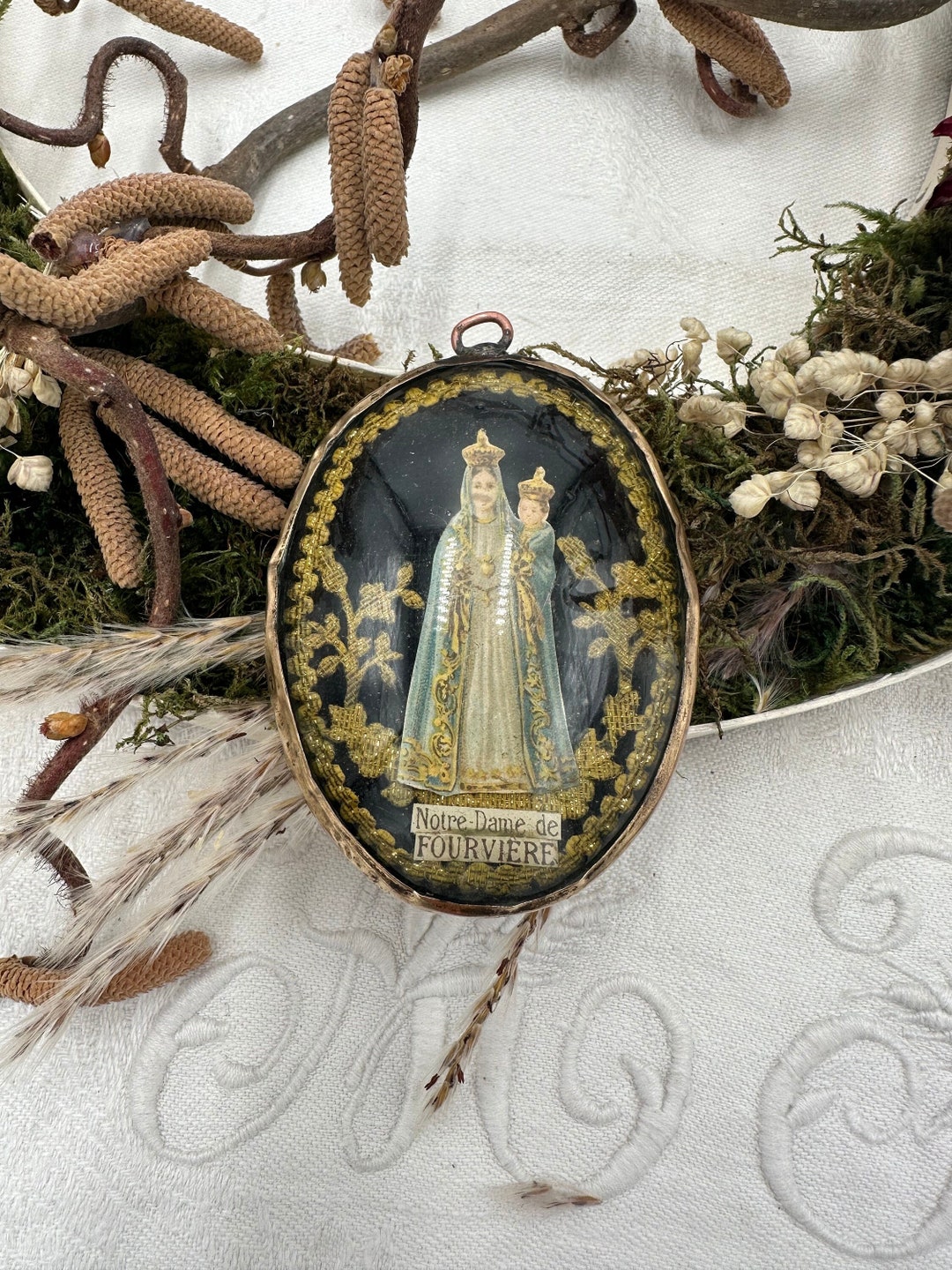 Our Lady of Fourviere Nun Work Wall Frame, French Antique Reliquary of ...