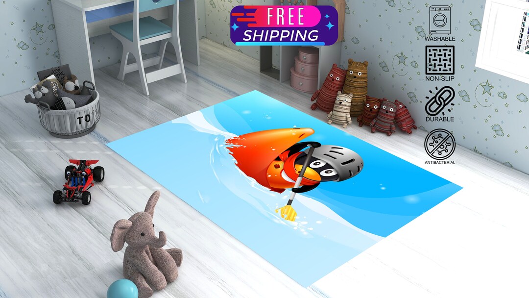 Penguin Using Canoe, Penguin Rug, Animal Patterned Rug, Child Room Rug ...