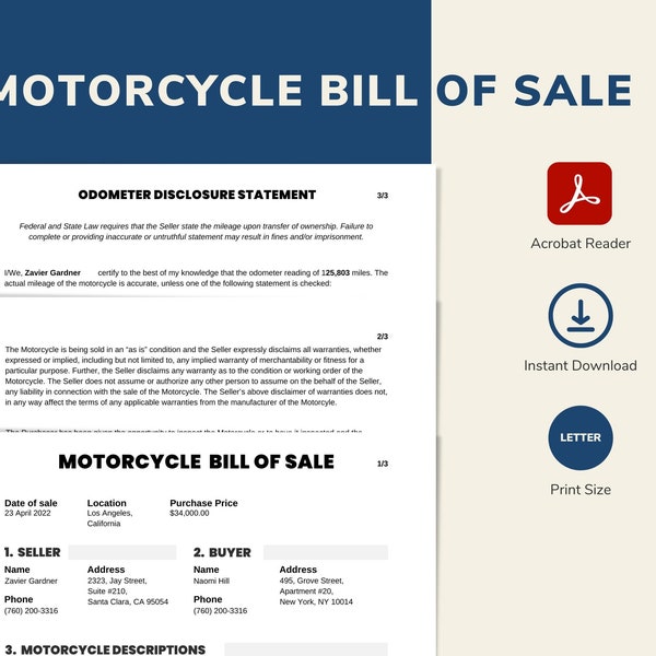 Motorcycle Bill of Sale - Etsy