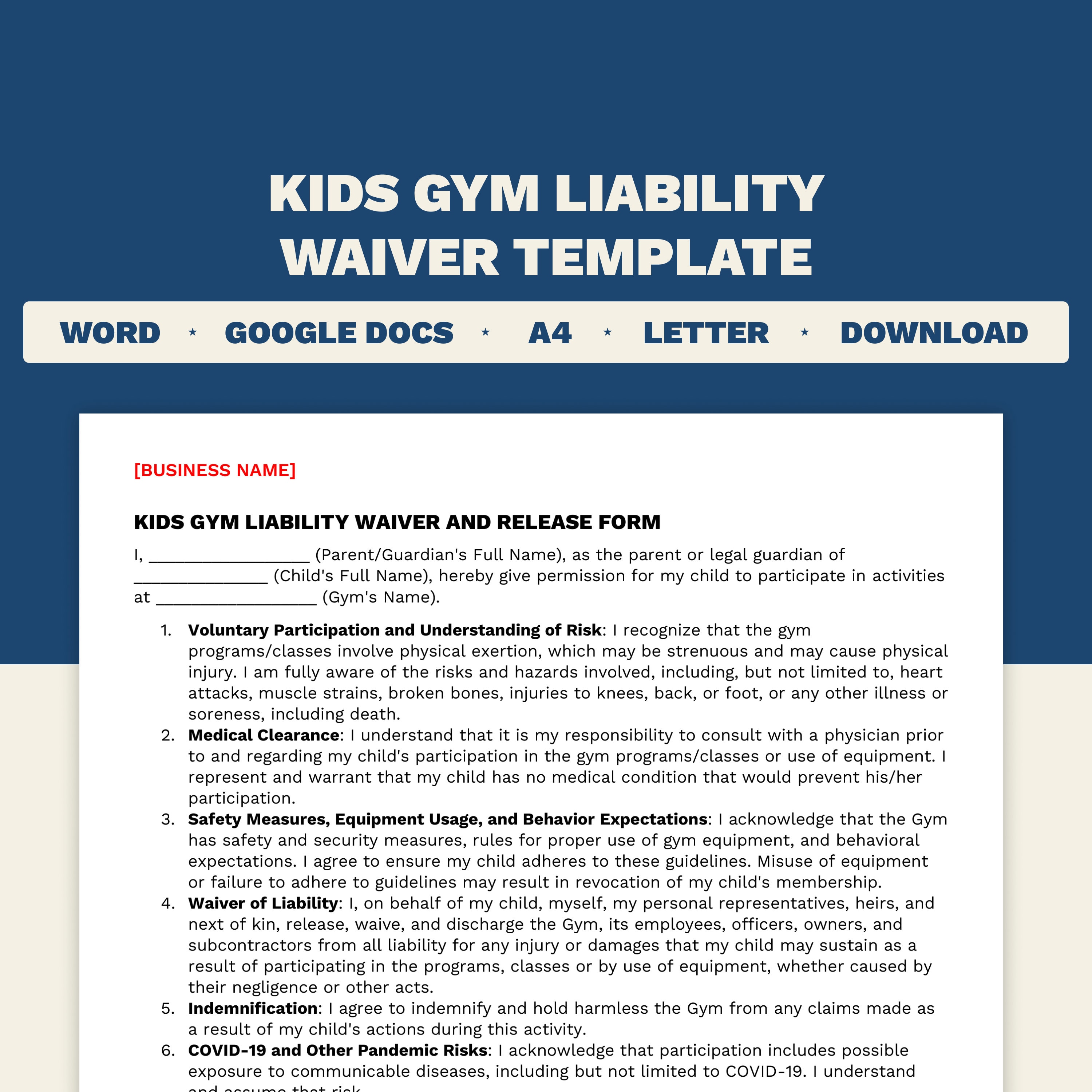 Kids Gym Liability Waiver Template Microsoft Word Google Docs Format ...
