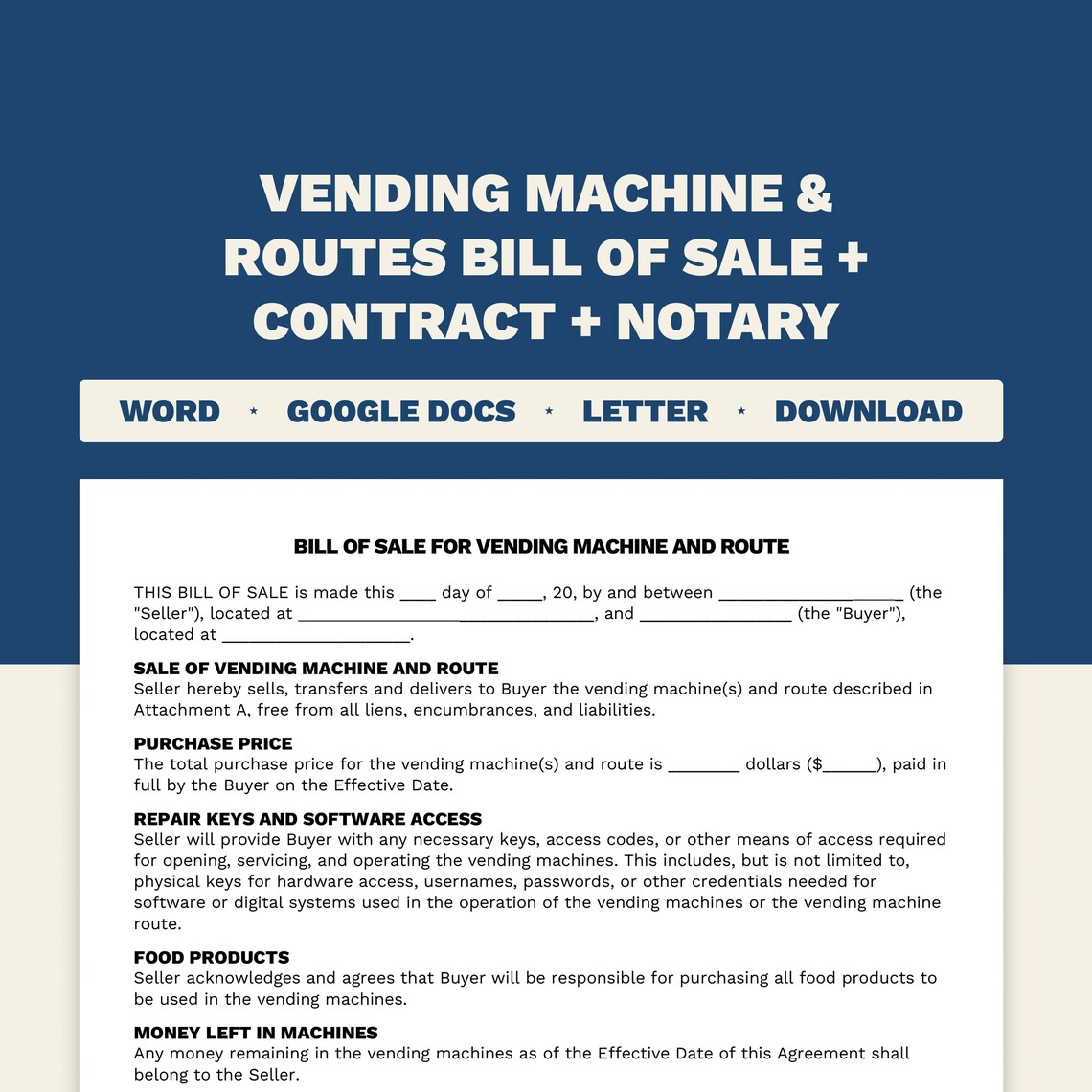 Simple Bill of Sale Vending Machine and Routes + Contract Template ...