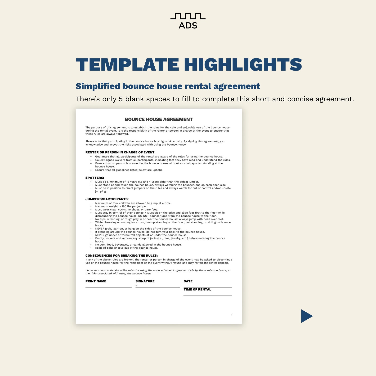 1 Page Bounce House Rental Agreement | Editable & Printable | Letter ...