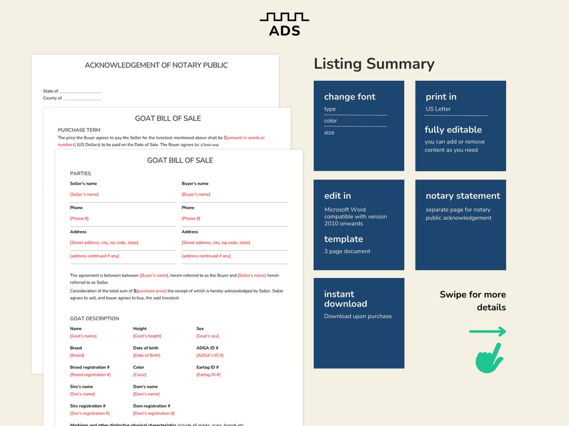Goat Bill of Sale | Editable Letter Size Word Document | 3 Page Bill of ...