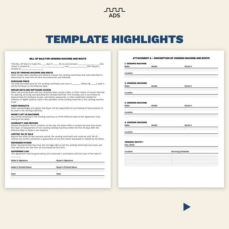 Vending Machine Bill of & Contract Template (digital Download - Etsy