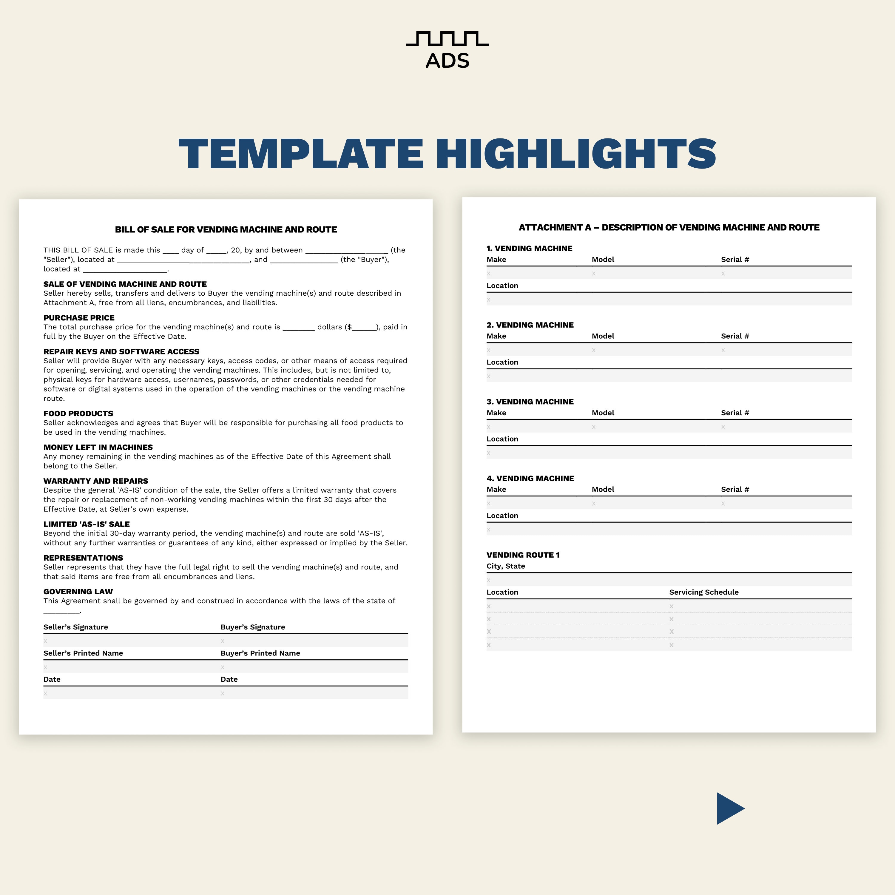 Simple Bill of Sale Vending Machine and Routes + Contract Template ...