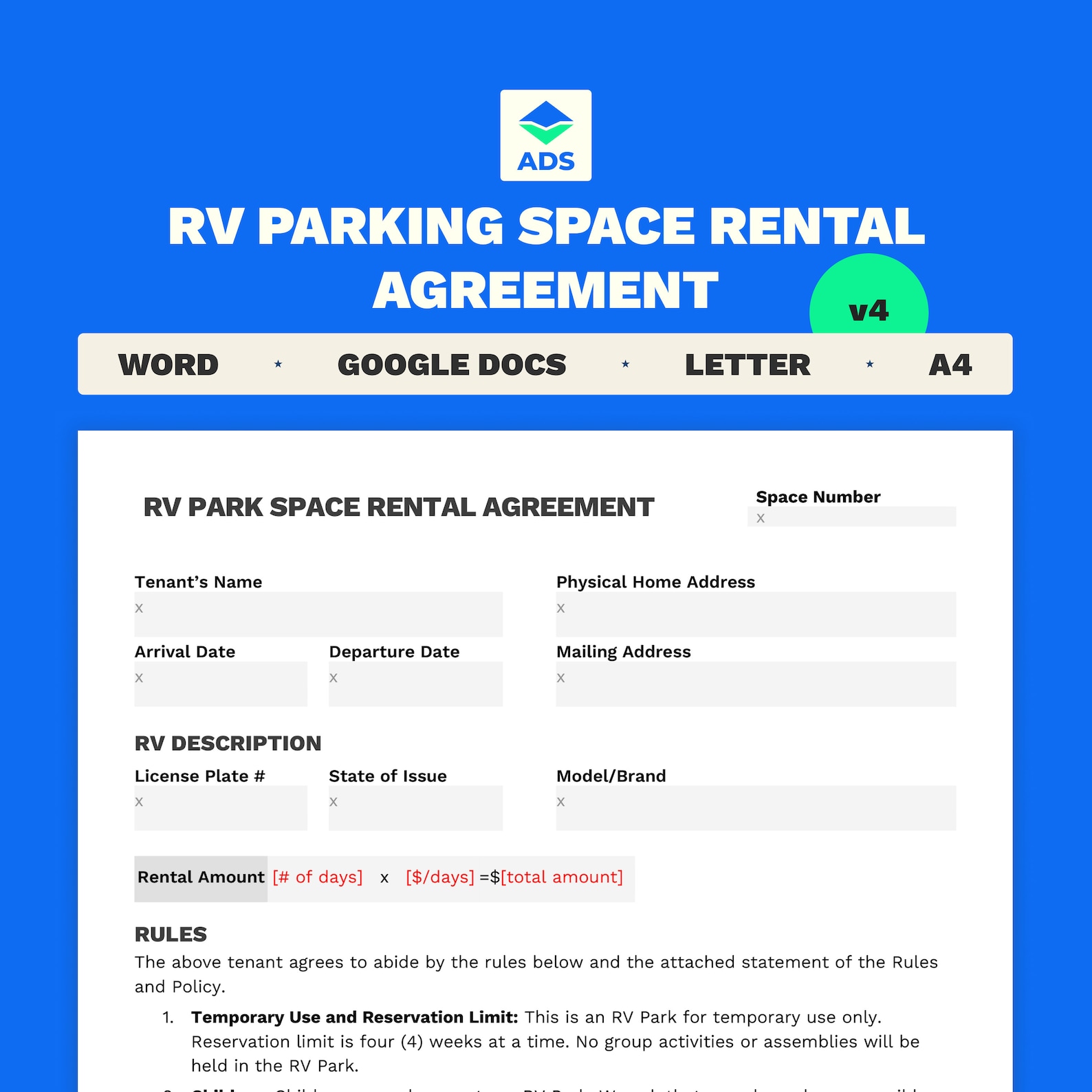 RV Parking Space Rental Agreement: Editable Word Template - Etsy