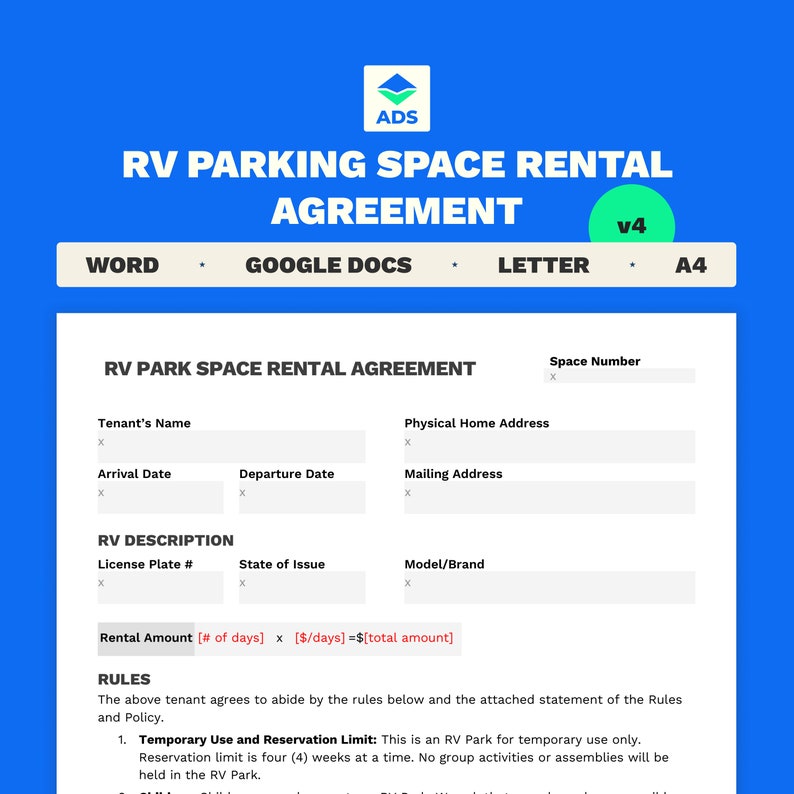 RV Parking Space Rental Agreement: Editable Word Template - Etsy