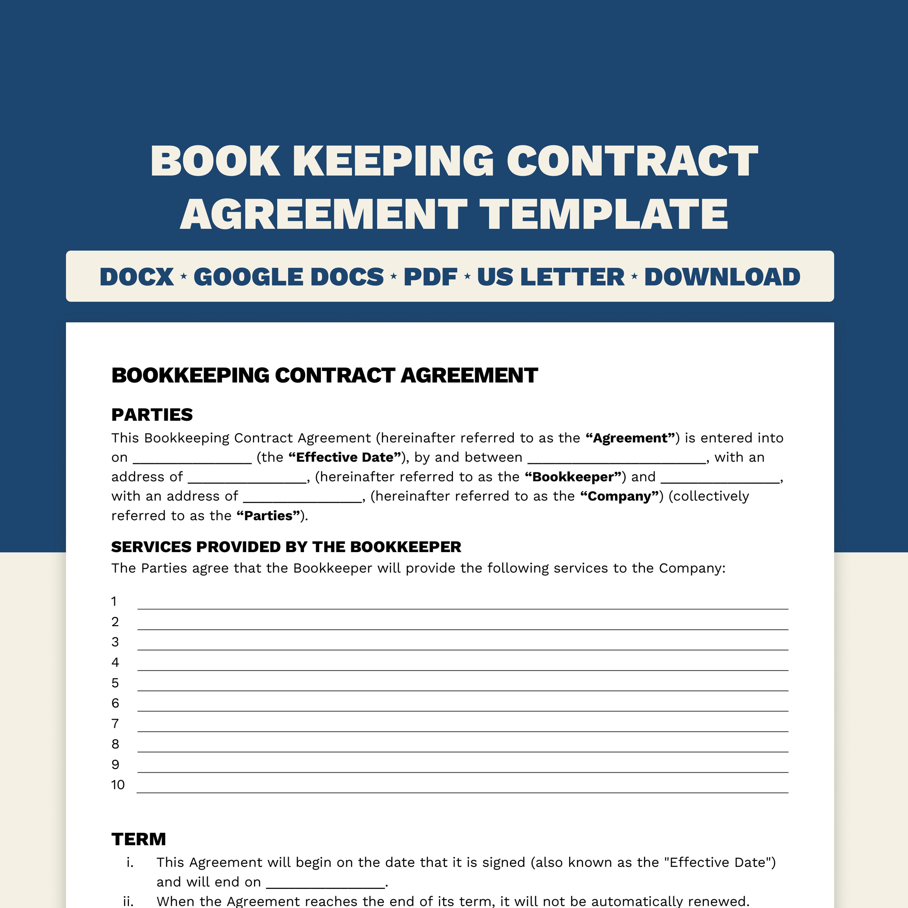 Bookkeeping Contract Agreement Template | Editable + Printable | Letter ...