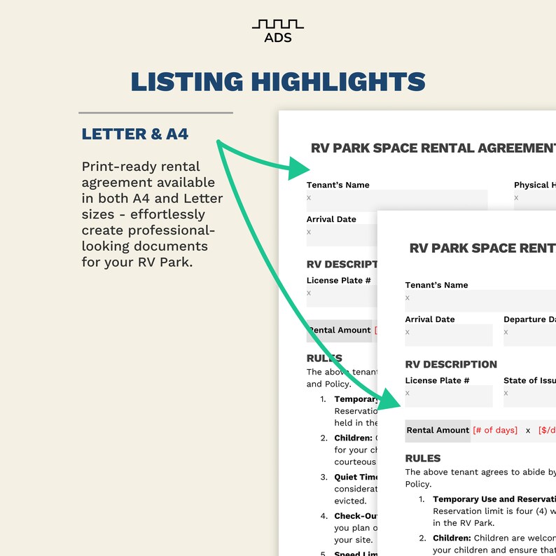 RV Parking Space Rental Agreement RV Lot Rental Agreement Letter Size ...