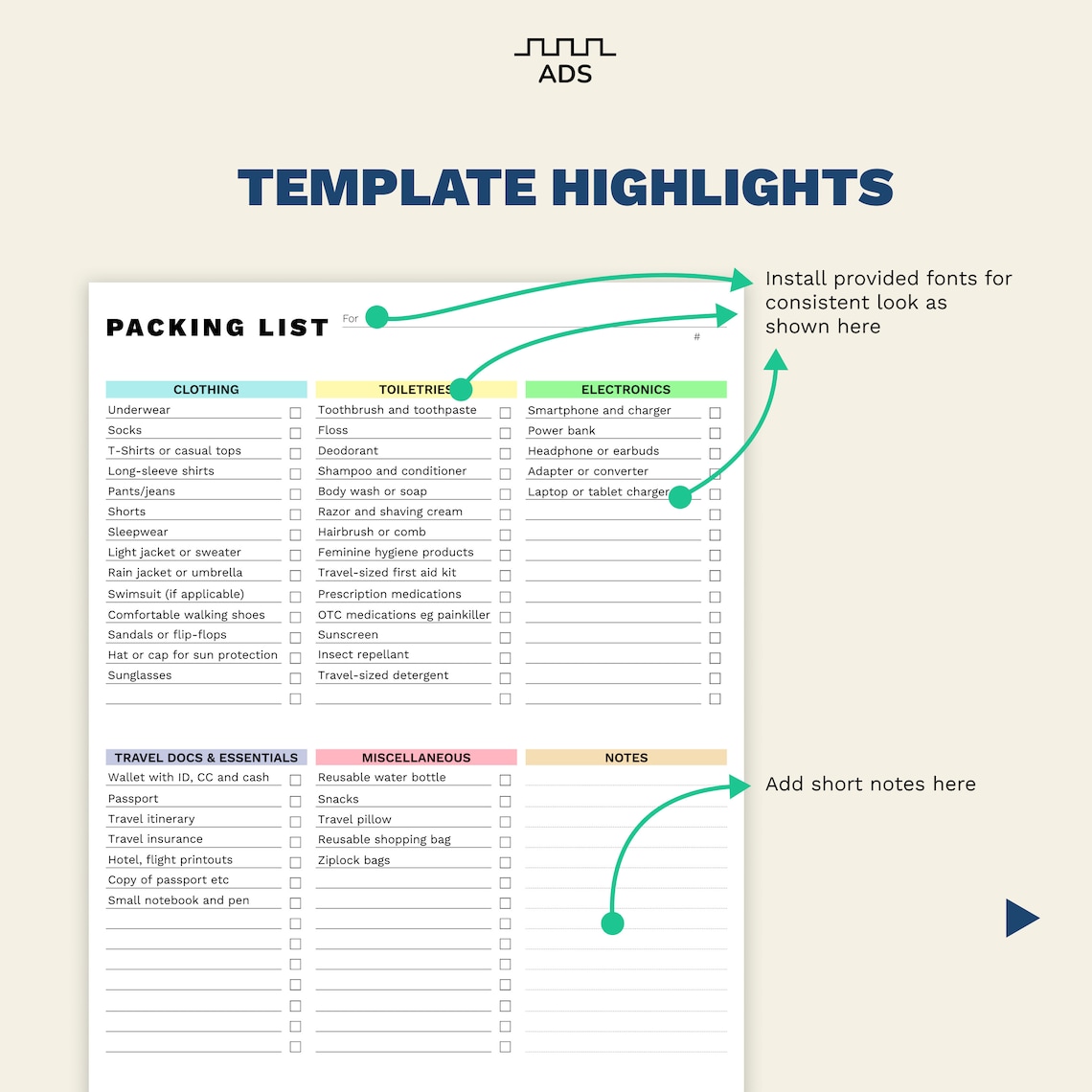 Packing List Template PDF Printable and Editable Letter Size Colored ...